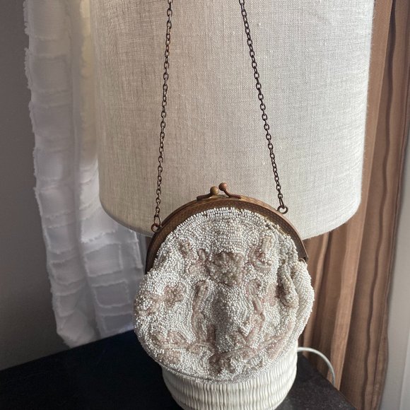 Bags | Vintage Seed Beaded White Champagne Color Metal Closer Strap ...